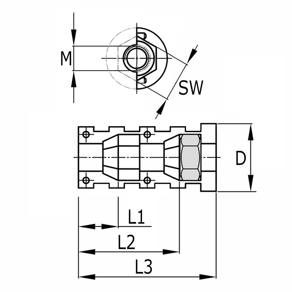 Verpas - Expansieverbinder met kraag 30 X 2,0 M8 met 1 moer